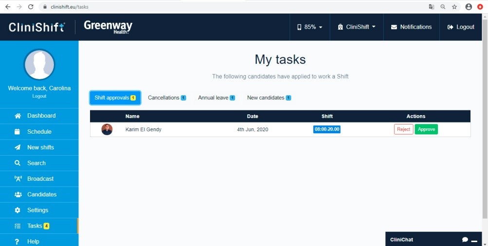 Managing tasks - CliniShift